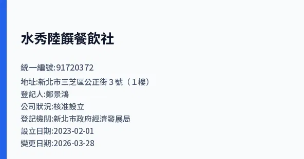 水秀陸饌餐飲社的照片-統編 91720372(新北市) 公司登記資料與營業項目詳細圖表