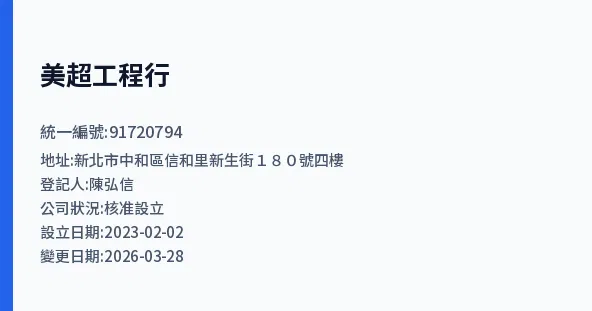 美超工程行的照片-統編 91720794(新北市) 公司登記資料與營業項目詳細圖表