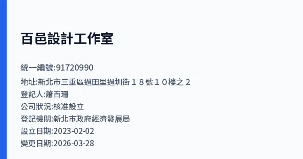 百邑設計工作室的照片-統編 91720990(新北市) 公司登記資料與營業項目詳細圖表