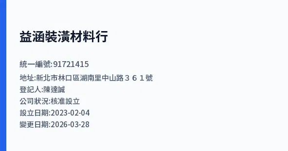 益涵裝潢材料行的照片-統編 91721415(新北市) 公司登記資料與營業項目詳細圖表