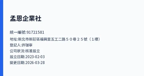 孟恩企業社的照片-統編 91721581(新北市) 公司登記資料與營業項目詳細圖表