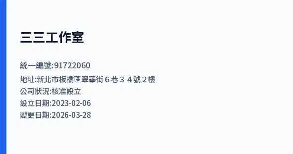 三三工作室的照片-統編 91722060(新北市) 公司登記資料與營業項目詳細圖表