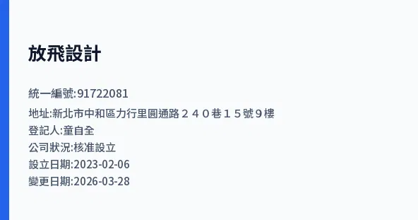 放飛設計的照片-統編 91722081(新北市) 公司登記資料與營業項目詳細圖表