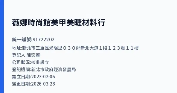 薇娜時尚館美甲美睫材料行的照片-統編 91722202(新北市) 公司登記資料與營業項目詳細圖表