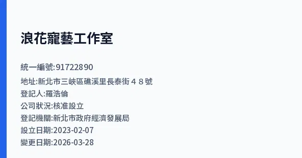 浪花寵藝工作室的照片-統編 91722890(新北市) 公司登記資料與營業項目詳細圖表