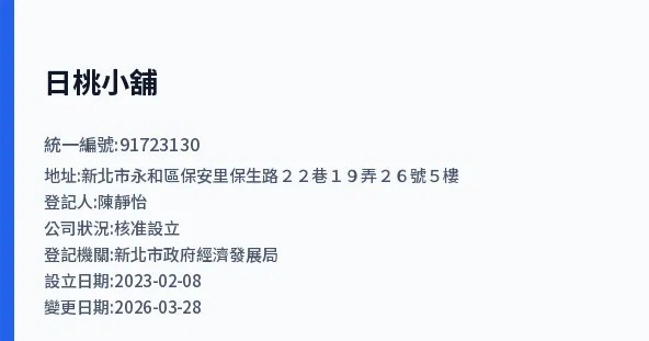 日桃小舖的照片-統編 91723130(新北市) 公司登記資料與營業項目詳細圖表