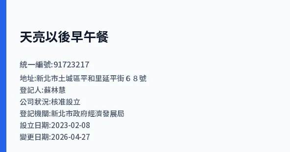 天亮以後早午餐的照片-統編 91723217(新北市) 公司登記資料與營業項目詳細圖表