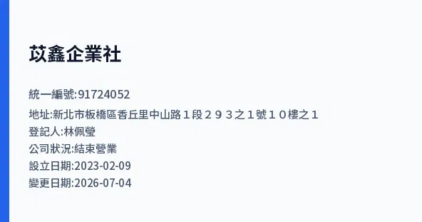 苡鑫企業社的照片-統編 91724052(新北市) 公司登記資料與營業項目詳細圖表