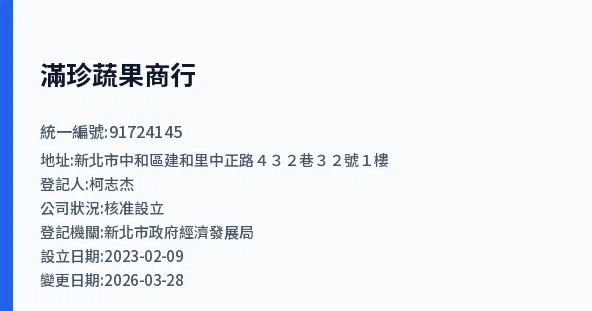 滿珍蔬果商行的照片-統編 91724145(新北市) 公司登記資料與營業項目詳細圖表