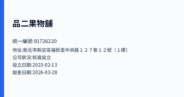 品二果物舖的照片-統編 91726220(新北市) 公司登記資料與營業項目詳細圖表