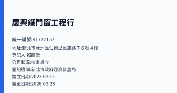 慶興鐵門窗工程行的照片-統編 91727157(新北市) 公司登記資料與營業項目詳細圖表