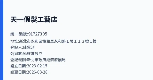 天一假髮工藝店的照片-統編 91727305(新北市) 公司登記資料與營業項目詳細圖表