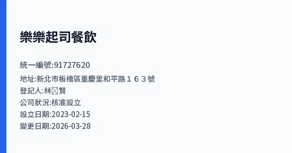 樂樂起司餐飲的照片-統編 91727620(新北市) 公司登記資料與營業項目詳細圖表