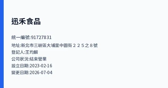 迅禾食品的照片-統編 91727831(新北市) 公司登記資料與營業項目詳細圖表