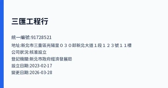 三匯工程行的照片-統編 91728521(新北市) 公司登記資料與營業項目詳細圖表