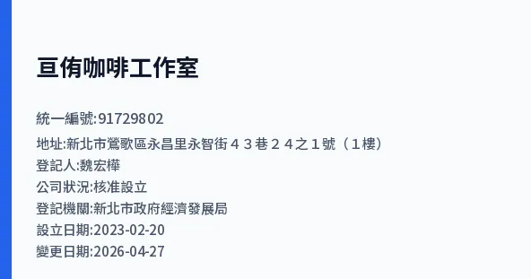 亘侑咖啡工作室的照片-統編 91729802(新北市) 公司登記資料與營業項目詳細圖表