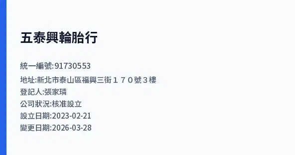 五泰興輪胎行的照片-統編 91730553(新北市) 公司登記資料與營業項目詳細圖表