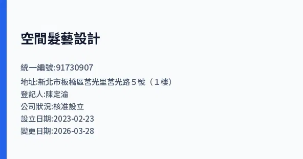 空間髮藝設計的照片-統編 91730907(新北市) 公司登記資料與營業項目詳細圖表