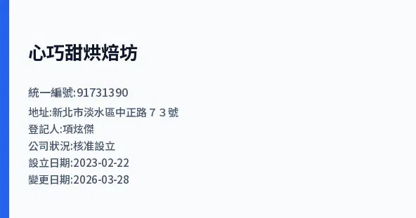 心巧甜烘焙坊的照片-統編 91731390(新北市) 公司登記資料與營業項目詳細圖表