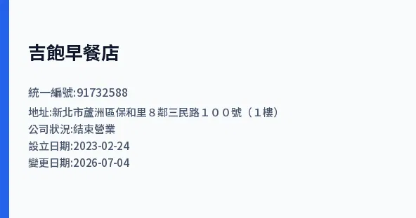 吉飽早餐店的照片-統編 91732588(新北市) 公司登記資料與營業項目詳細圖表