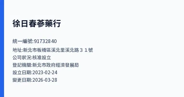 徐日春蔘藥行的照片-統編 91732840(新北市) 公司登記資料與營業項目詳細圖表