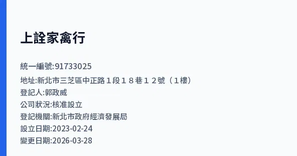 上詮家禽行的照片-統編 91733025(新北市) 公司登記資料與營業項目詳細圖表