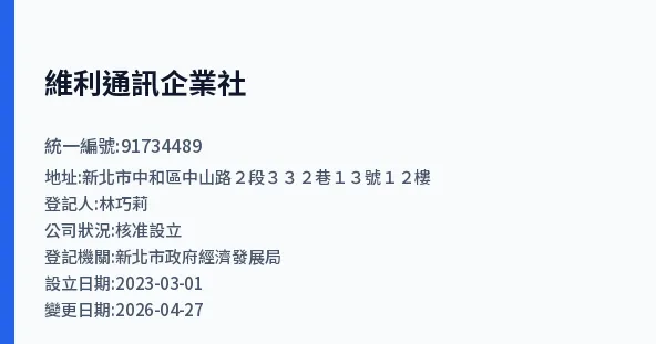 維利通訊企業社的照片-統編 91734489(新北市) 公司登記資料與營業項目詳細圖表
