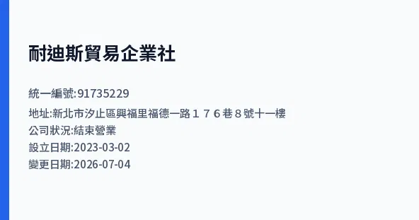 耐迪斯貿易企業社的照片-統編 91735229(新北市) 公司登記資料與營業項目詳細圖表