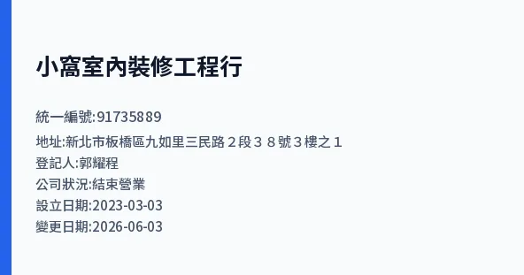 小窩室內裝修工程行的照片-統編 91735889(新北市) 公司登記資料與營業項目詳細圖表