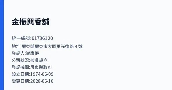 金振興香舖的照片-統編 91736120(屏東縣) 公司登記資料與營業項目詳細圖表