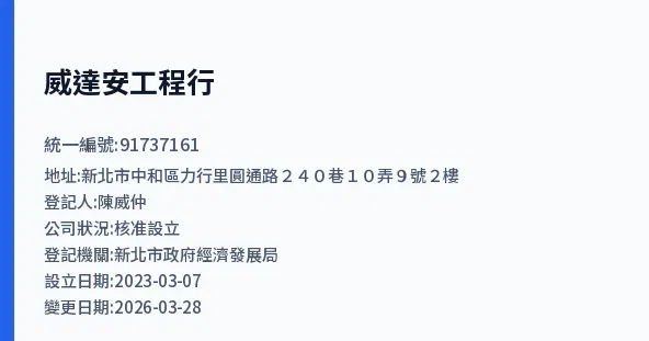 威達安工程行的照片-統編 91737161(新北市) 公司登記資料與營業項目詳細圖表