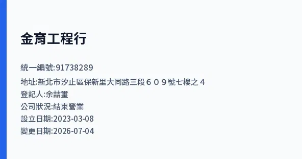 金育工程行的照片-統編 91738289(新北市) 公司登記資料與營業項目詳細圖表