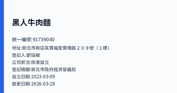 黑人牛肉麵的照片-統編 91739040(新北市) 公司登記資料與營業項目詳細圖表