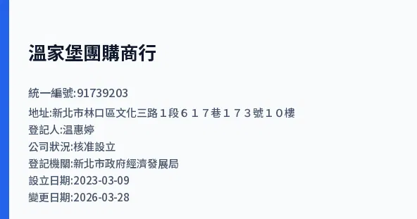溫家堡團購商行的照片-統編 91739203(新北市) 公司登記資料與營業項目詳細圖表