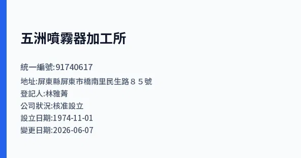 五洲噴霧器加工所的照片-統編 91740617(屏東縣) 公司登記資料與營業項目詳細圖表