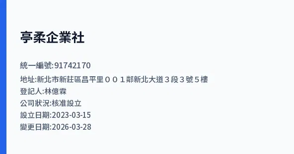 亭柔企業社的照片-統編 91742170(新北市) 公司登記資料與營業項目詳細圖表