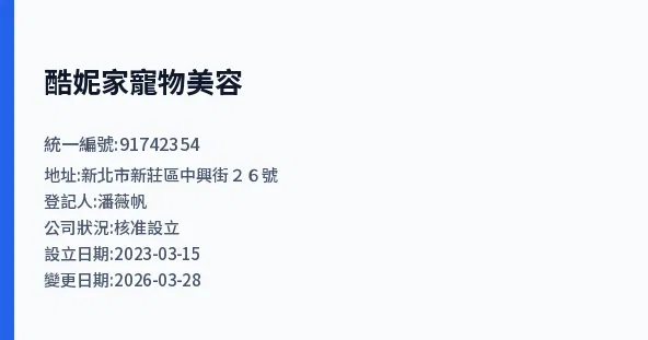 酷妮家寵物美容的照片-統編 91742354(新北市) 公司登記資料與營業項目詳細圖表