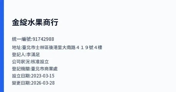 金綻水果商行的照片-統編 91742988(臺北市) 公司登記資料與營業項目詳細圖表