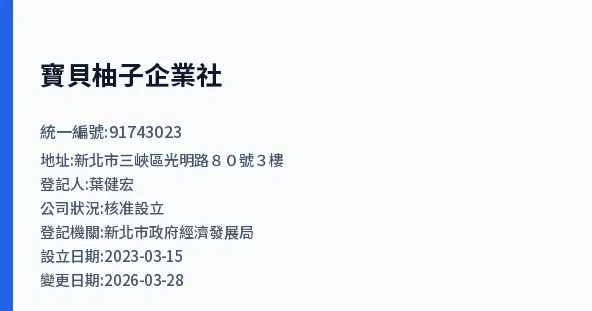 寶貝柚子企業社的照片-統編 91743023(新北市) 公司登記資料與營業項目詳細圖表
