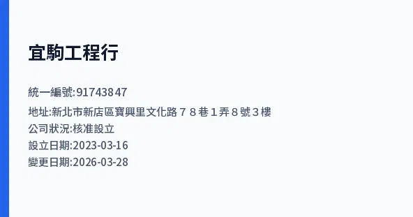 宜駒工程行的照片-統編 91743847(新北市) 公司登記資料與營業項目詳細圖表