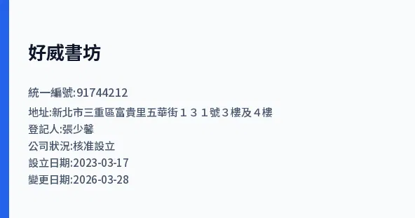 好威書坊的照片-統編 91744212(新北市) 公司登記資料與營業項目詳細圖表