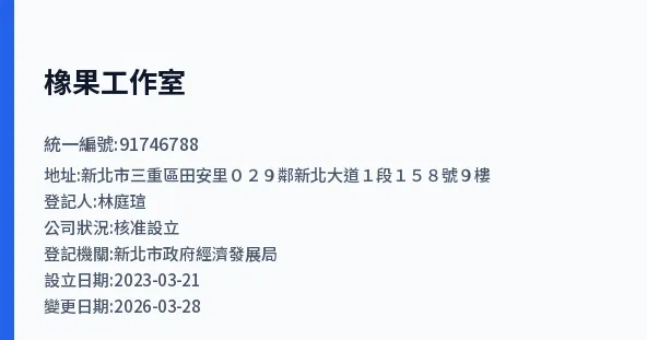 橡果工作室的照片-統編 91746788(新北市) 公司登記資料與營業項目詳細圖表