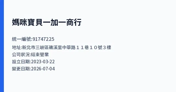 媽咪寶貝一加一商行的照片-統編 91747225(新北市) 公司登記資料與營業項目詳細圖表