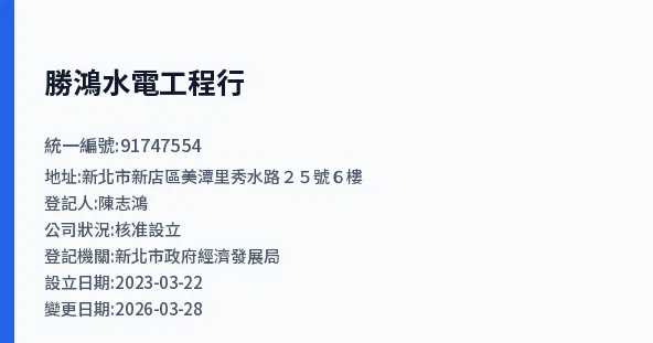 勝鴻水電工程行的照片-統編 91747554(新北市) 公司登記資料與營業項目詳細圖表