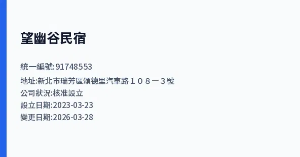 望幽谷民宿的照片-統編 91748553(新北市) 公司登記資料與營業項目詳細圖表