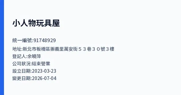 小人物玩具屋的照片-統編 91748929(新北市) 公司登記資料與營業項目詳細圖表