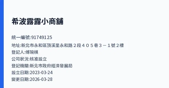 希波露露小商舖的照片-統編 91749125(新北市) 公司登記資料與營業項目詳細圖表
