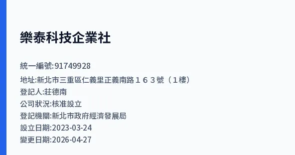 樂泰科技企業社的照片-統編 91749928(新北市) 公司登記資料與營業項目詳細圖表