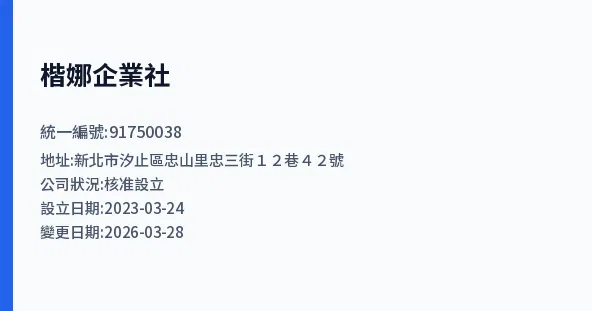 楷娜企業社的照片-統編 91750038(新北市) 公司登記資料與營業項目詳細圖表