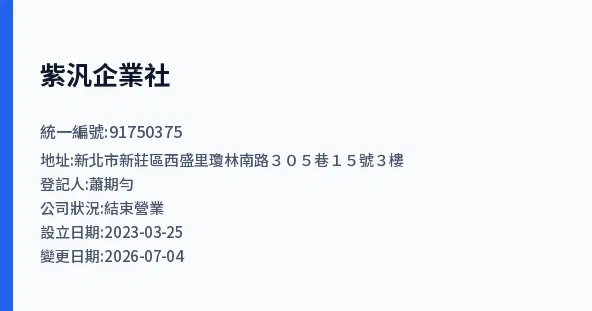 紫汎企業社的照片-統編 91750375(新北市) 公司登記資料與營業項目詳細圖表